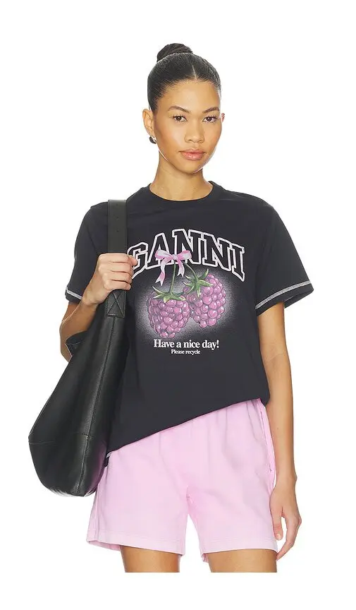 GANNI Basic Cotton Jersey Raspberry Print T-shirt - Black