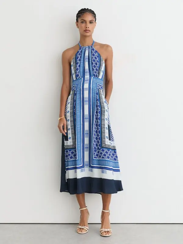 REISS Joselyn Scarf-print Halterneck Midi Dress