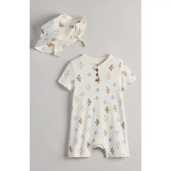 Nordstrom Print Romper And Hat Set - Ivory- Tan Heart Birds