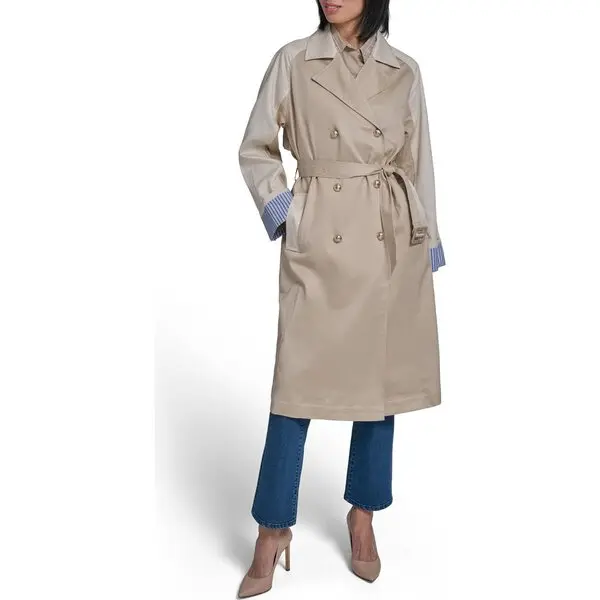 Karl Lagerfeld Paris Two-tone Cotton Blend Trench Coat - Bisque