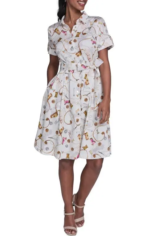 Karl Lagerfeld Paris Print Tie Waist Shirt Dress - Soft White Multi