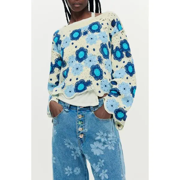 Desigual Open Stitch Floral Sweater - Blue