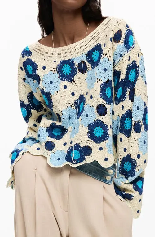 Desigual Open Stitch Floral Sweater - Blue
