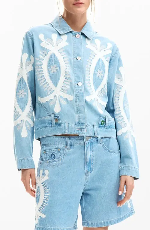 Desigual Beaded Lace Detail Denim Trucker Jacket - Medium Blue