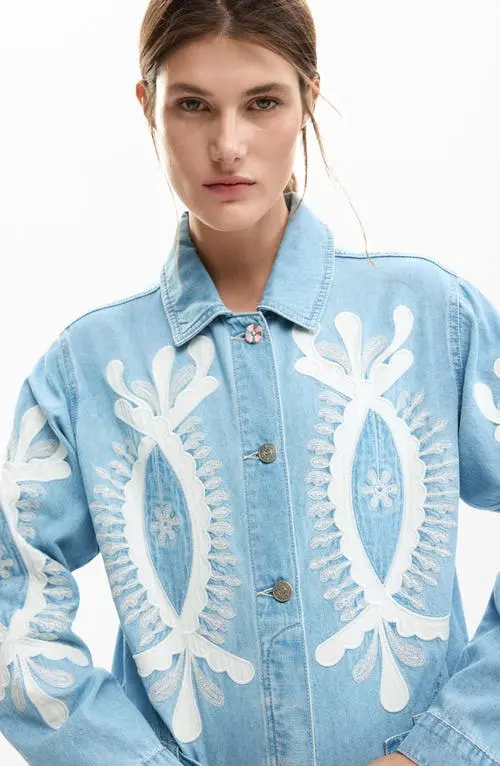 Desigual Beaded Lace Detail Denim Trucker Jacket - Medium Blue