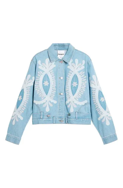 Desigual Beaded Lace Detail Denim Trucker Jacket - Medium Blue