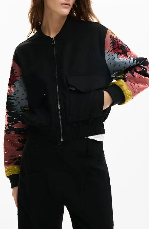 Desigual Bead Detail Mixed Media Bomber Jacket