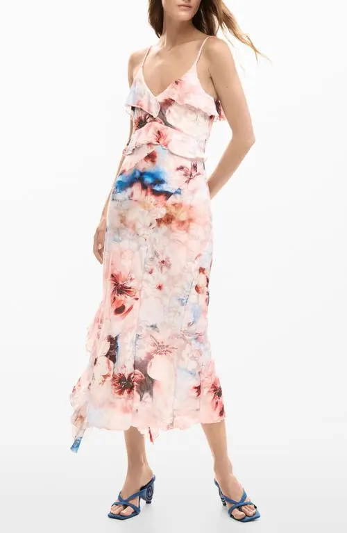 Desigual Floral Print Ruffle Dress - Light Pink