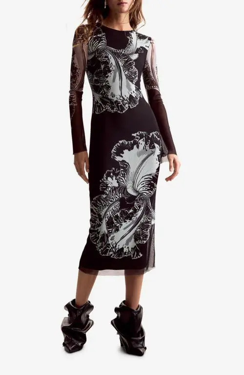 Desigual Floral Print Long Sleeve Midi Dress - Black
