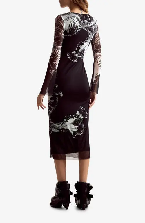Desigual Floral Print Long Sleeve Midi Dress - Black