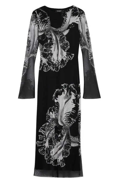 Desigual Floral Print Long Sleeve Midi Dress - Black
