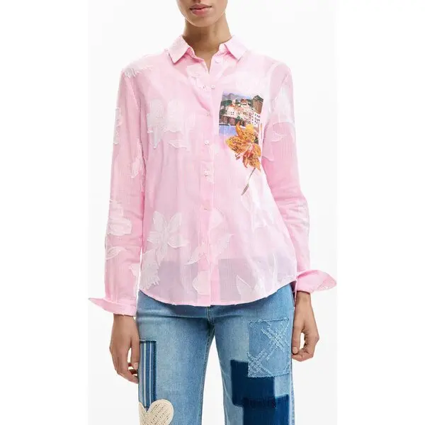 Desigual Floral Appliqué Stripe Graphic Button-up Shirt - Pink
