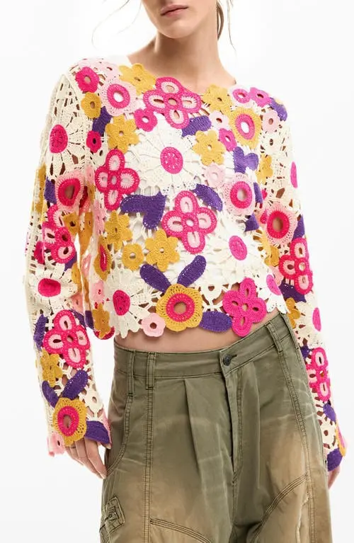 Desigual Floral Crochet Cotton Blend Sweater - Off White