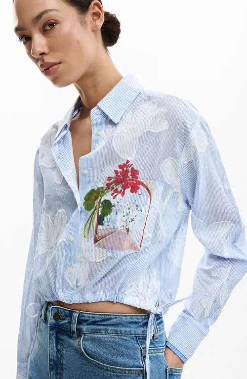 Desigual Floral Print Drawstring Crop Button-up Top
