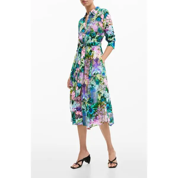 Desigual Abstract Floral Print Long Sleeve Shirtdress - Yellow