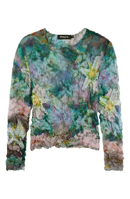 Desigual Crinkle Long Sleeve Crop Top - Blue