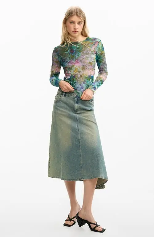 Desigual Crinkle Long Sleeve Crop Top - Blue