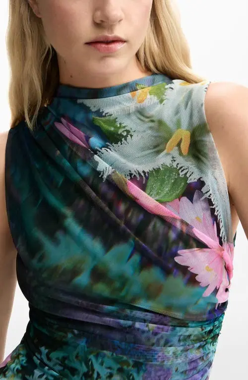 Desigual Floral Print Ruched Mesh Minidress - Green