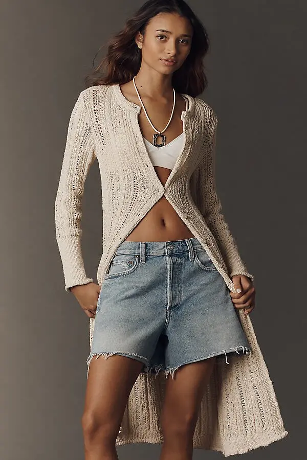 PILCRO Cotton Long-sleeve Crew-neck Duster - Ivory