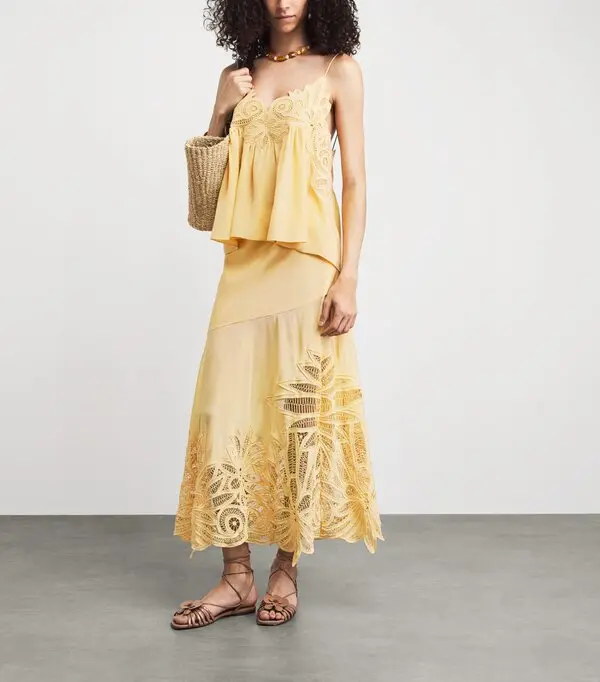 Ulla Johnson Silk Embroidered Oona Maxi Skirt - Yellow