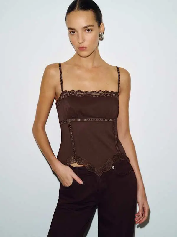 REFORMATION Apricot Lace Top - Brown