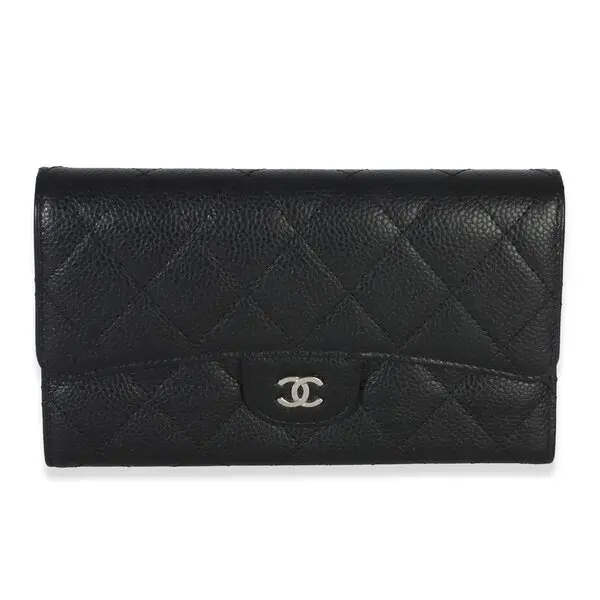 Chanel Quilted Caviar Long Classic Flap Wallet - Black