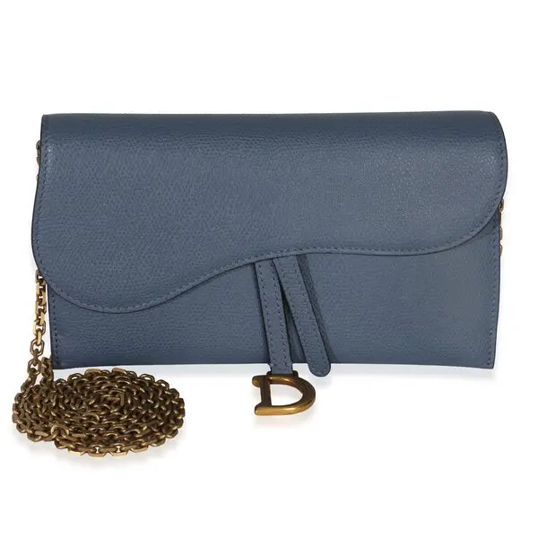 Dior Grained Calfskin Saddle Pouch With Chain - Blue