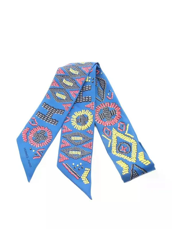 Hermès 2000s Kelly En Perles Twilly Patterned Silk Scarf - Blue