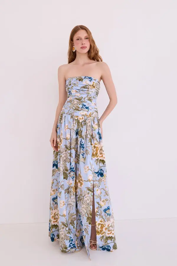 Cara Cara Montreal Strapless Shirred Maxi Gown - Flora Meadow Light Blue