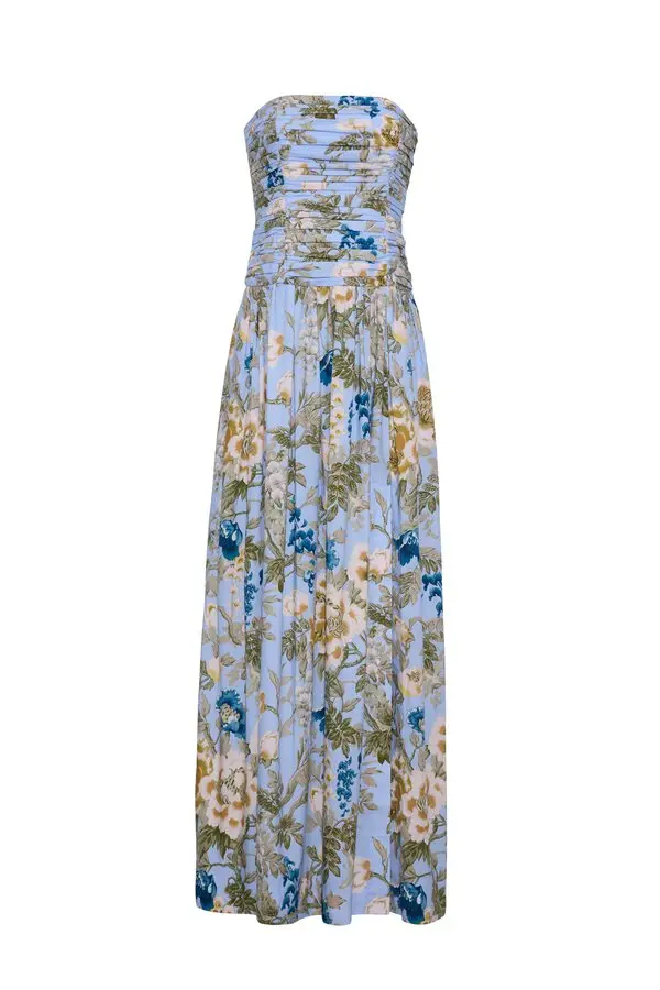 Cara Cara Montreal Strapless Shirred Maxi Gown - Flora Meadow Light Blue