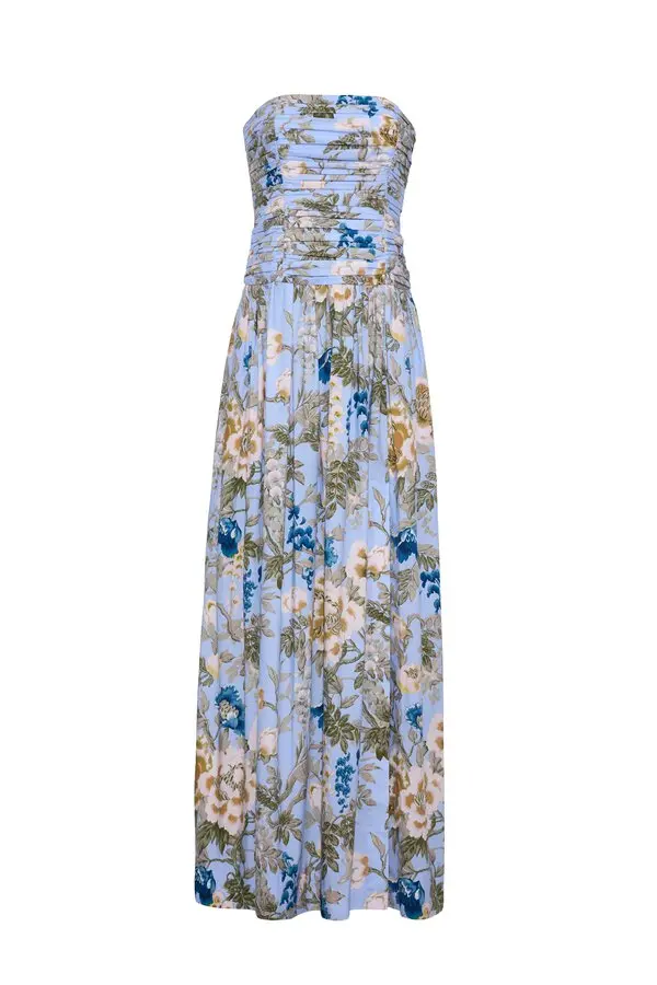 Cara Cara Montreal Strapless Shirred Maxi Gown - Flora Meadow Light Blue