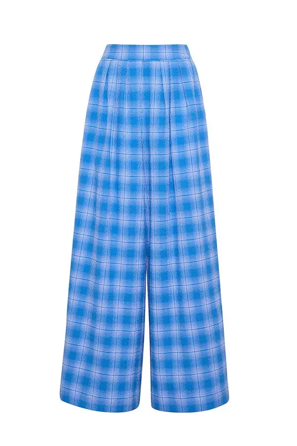 Cara Cara Blue Seersucker Plaid Wide Leg Palazzo Pants