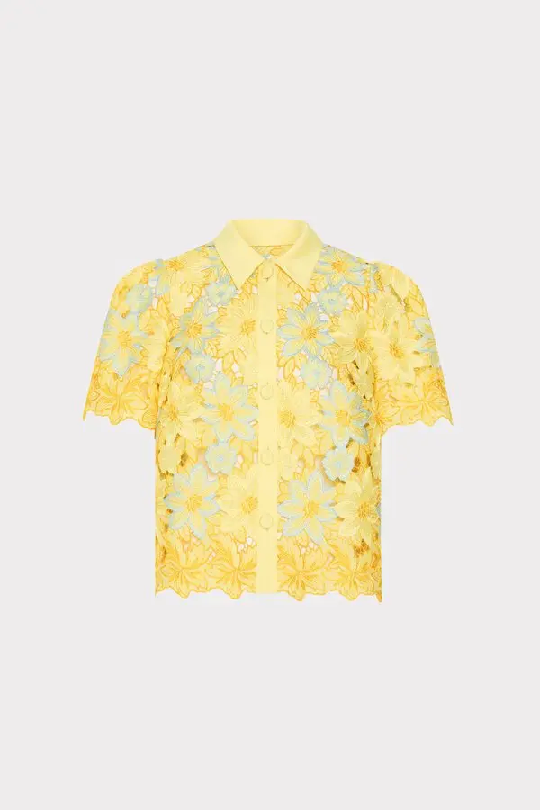MILLY Addison Lace Short Sleeve Top - Yellow