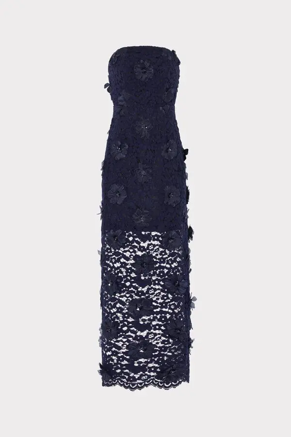 MILLY Kait Floral Sequin Strapless Midi Dress - Navy