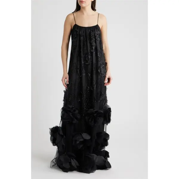 DELFI COLLECTIVE Ivy Beaded Floral Sleeveless Gown - Black