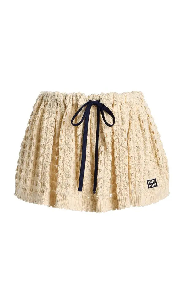 Miu Miu Crocheted Cotton Mini Skirt With Drawstring Waist - Ivory