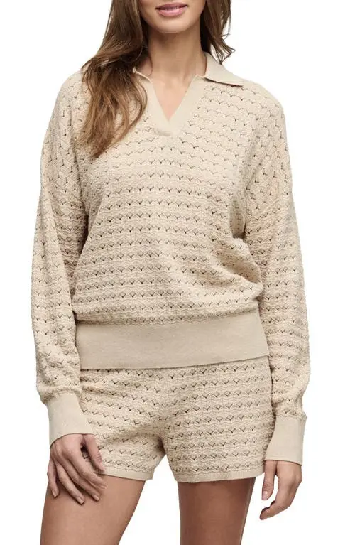 Barefoot Dreams Heathered Cotton Tulip Pointelle Collared Pullover - Stone