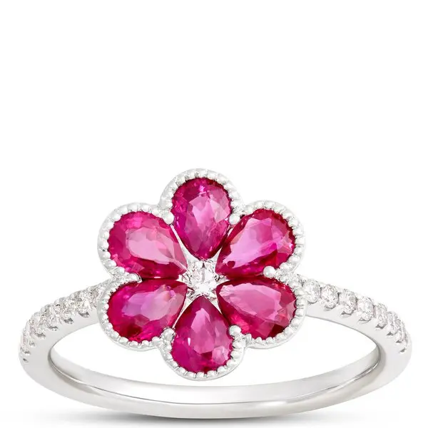 Benbridge Flower Shaped Ruby And Diamond Ring In 14k White Gold