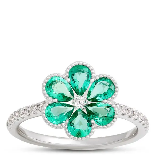Benbridge Flower Shaped Emerald And Diamond Ring In 14k White Gold - Wg