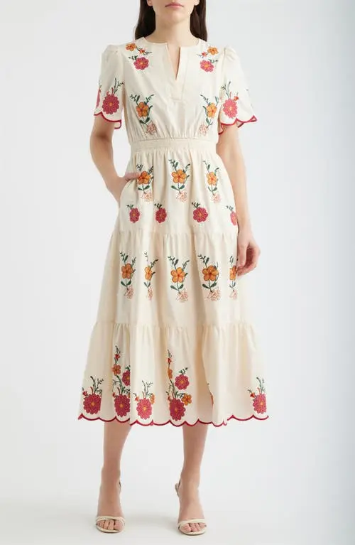 ZOE AND CLAIRE Embroidered Puff Sleeve Midi Dress