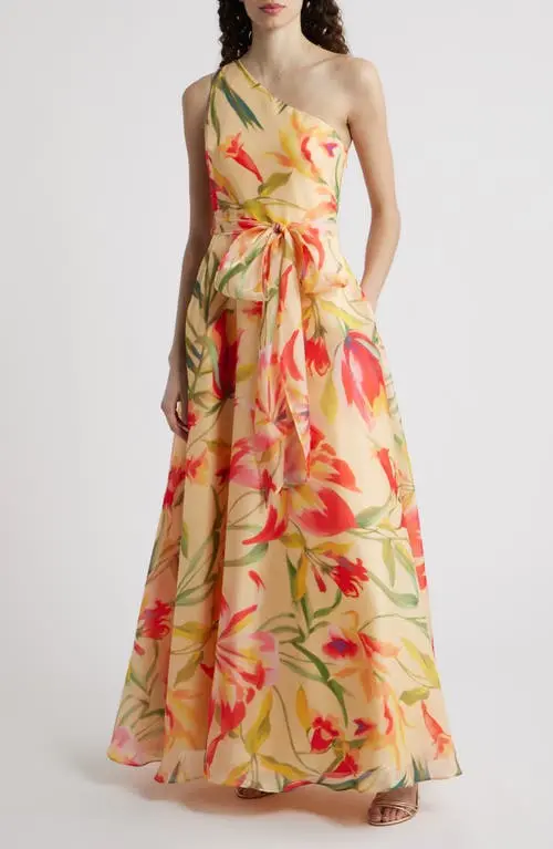 Eliza J Floral One-shoulder Gown - Yellow
