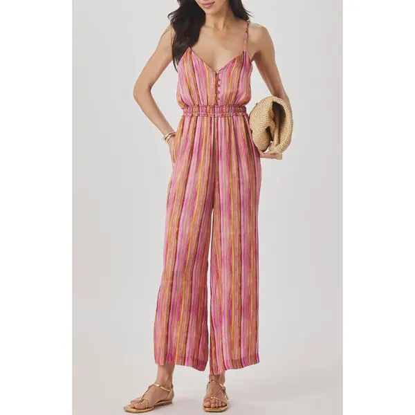 Splendid Kelsea Stripe Crop Wide Leg Jumpsuit - Fuchsia Pink/multi