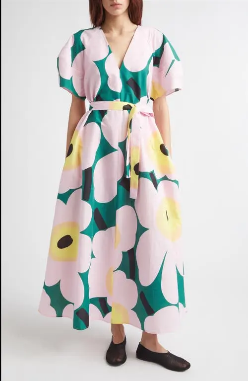 Marimekko Kaffet Unikko Floral Maxi Dress - Green Light Pink Yellow