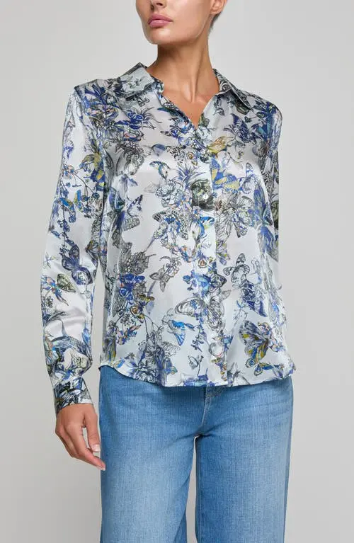 L'Agence Tyler Butterfly Print Silk Shirt - Multi Blue