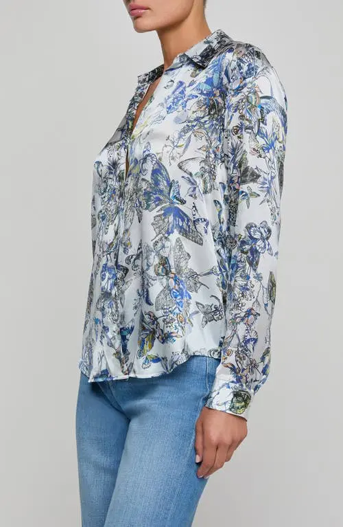 L'Agence Tyler Butterfly Print Silk Shirt - Multi Blue
