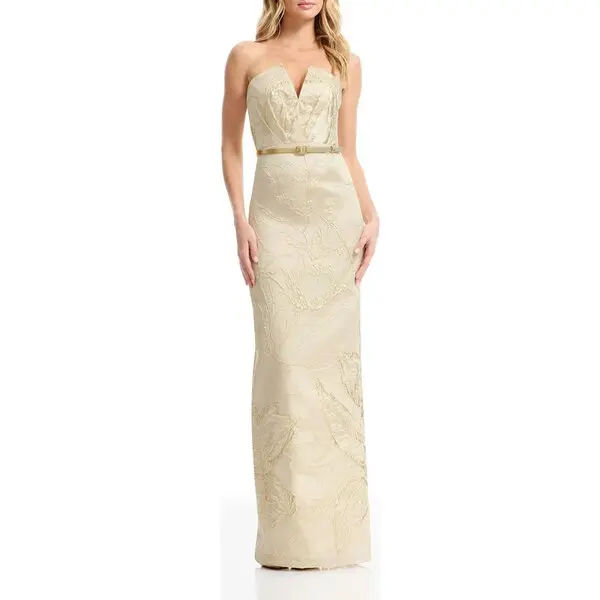 Dress The Population Kahlani Metallic Floral Jacquard Strapless Gown - Champagne Multi