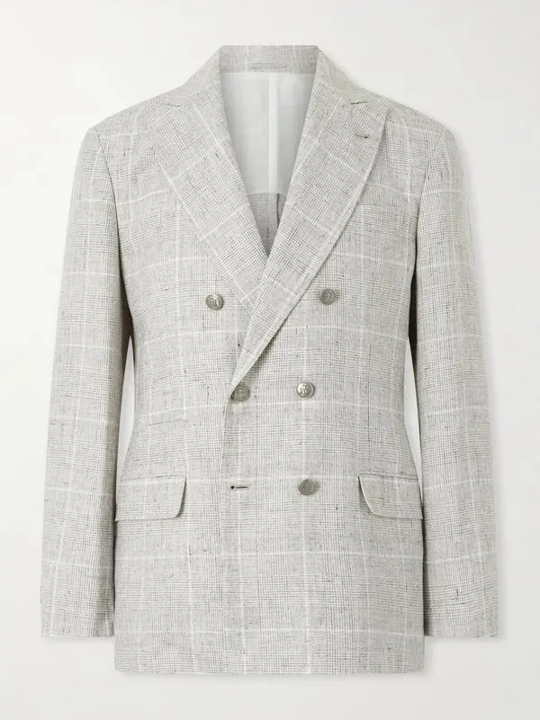 Brunello Cucinelli Double-breasted Checked Linen-blend Suit Jacket - Neutrals