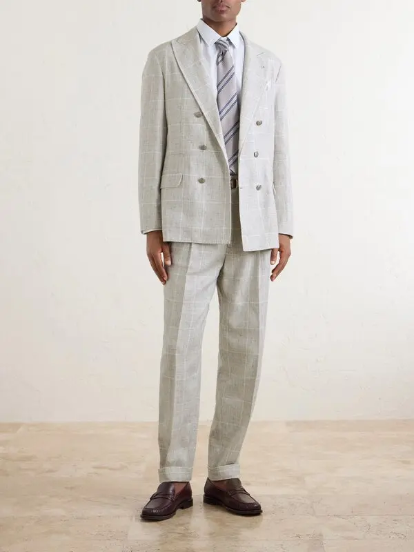 Brunello Cucinelli Double-breasted Checked Linen-blend Suit Jacket - Neutrals