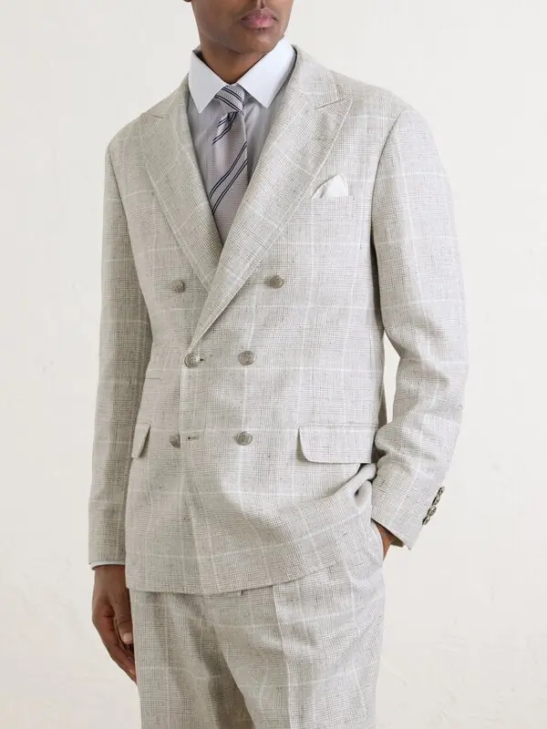 Brunello Cucinelli Double-breasted Checked Linen-blend Suit Jacket - Neutrals