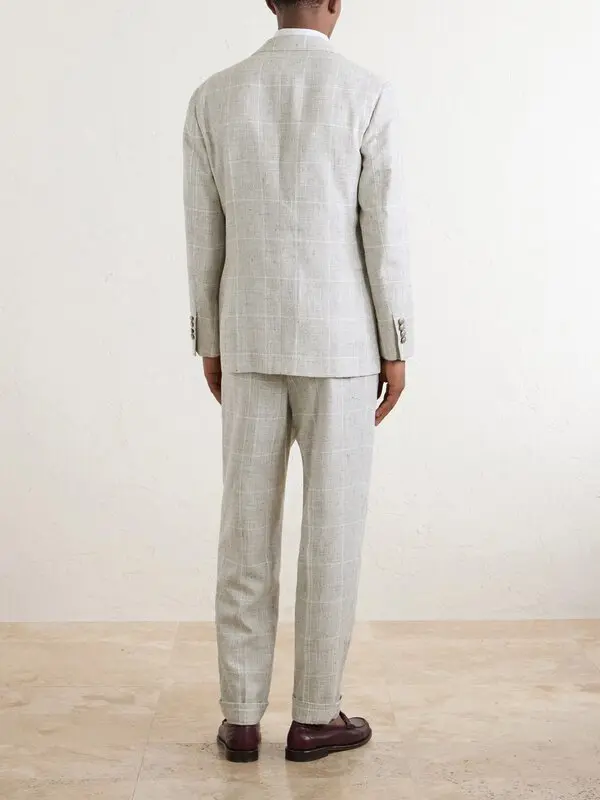 Brunello Cucinelli Double-breasted Checked Linen-blend Suit Jacket - Neutrals